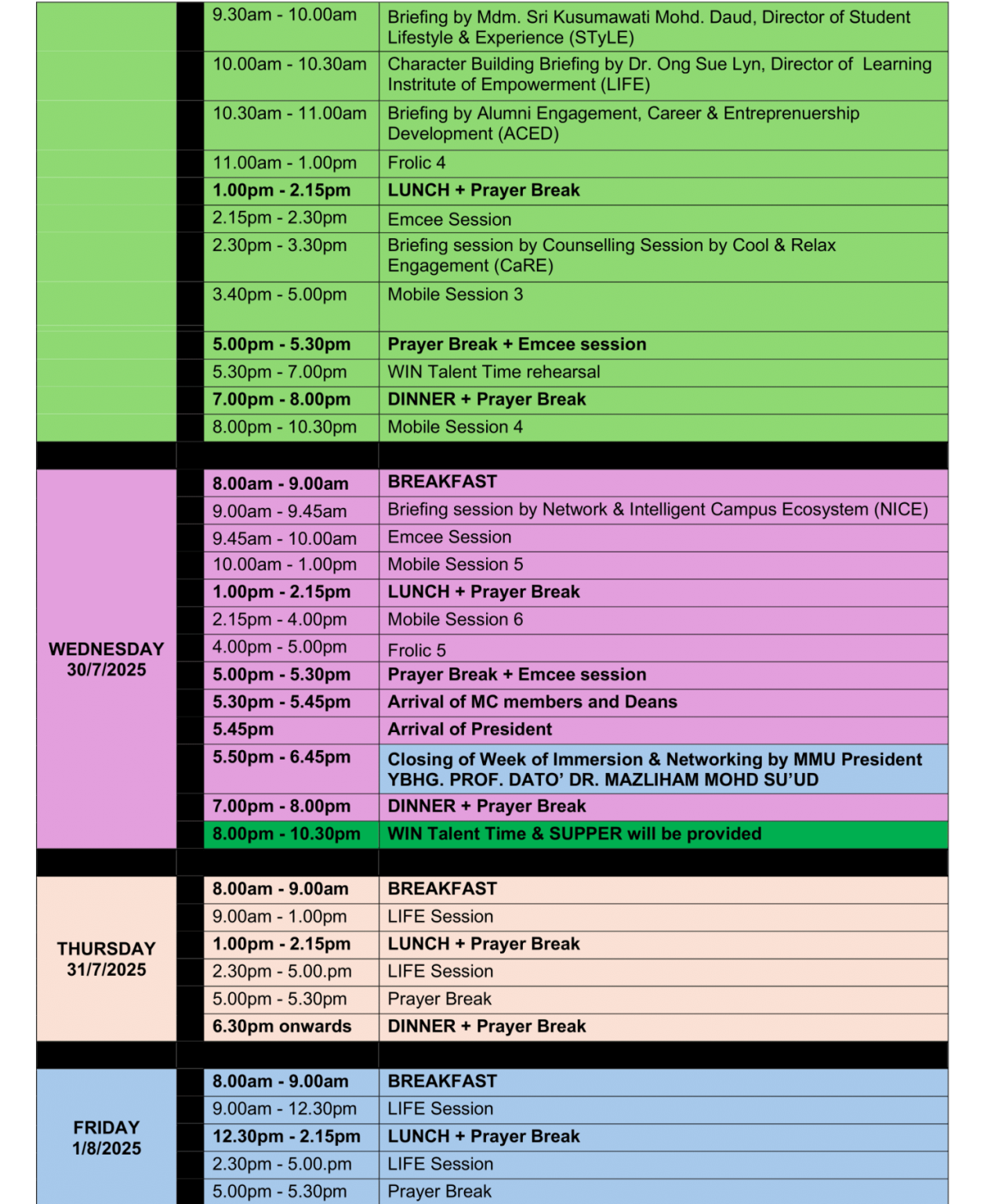 Week of Immersion and Networking (WIN) | Schedule for Melaka