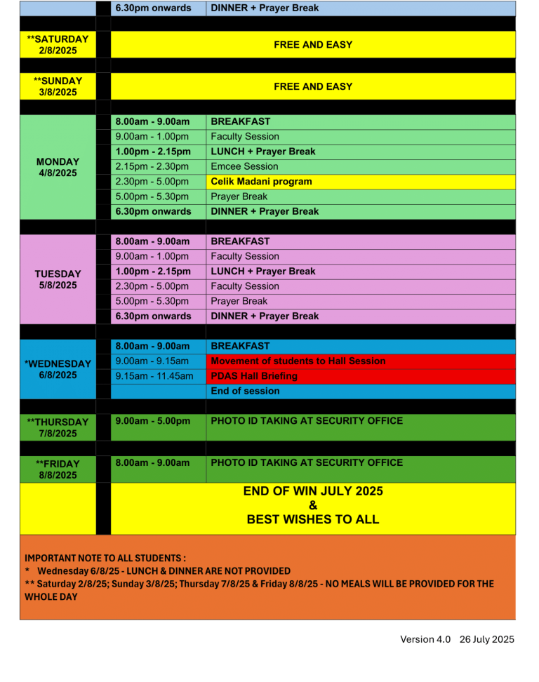 Week of Immersion and Networking (WIN) | Schedule for Melaka